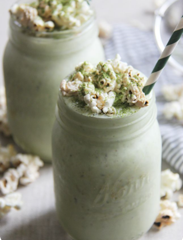 Creamy Matcha Milkshake Topped with Popcorn Recipe